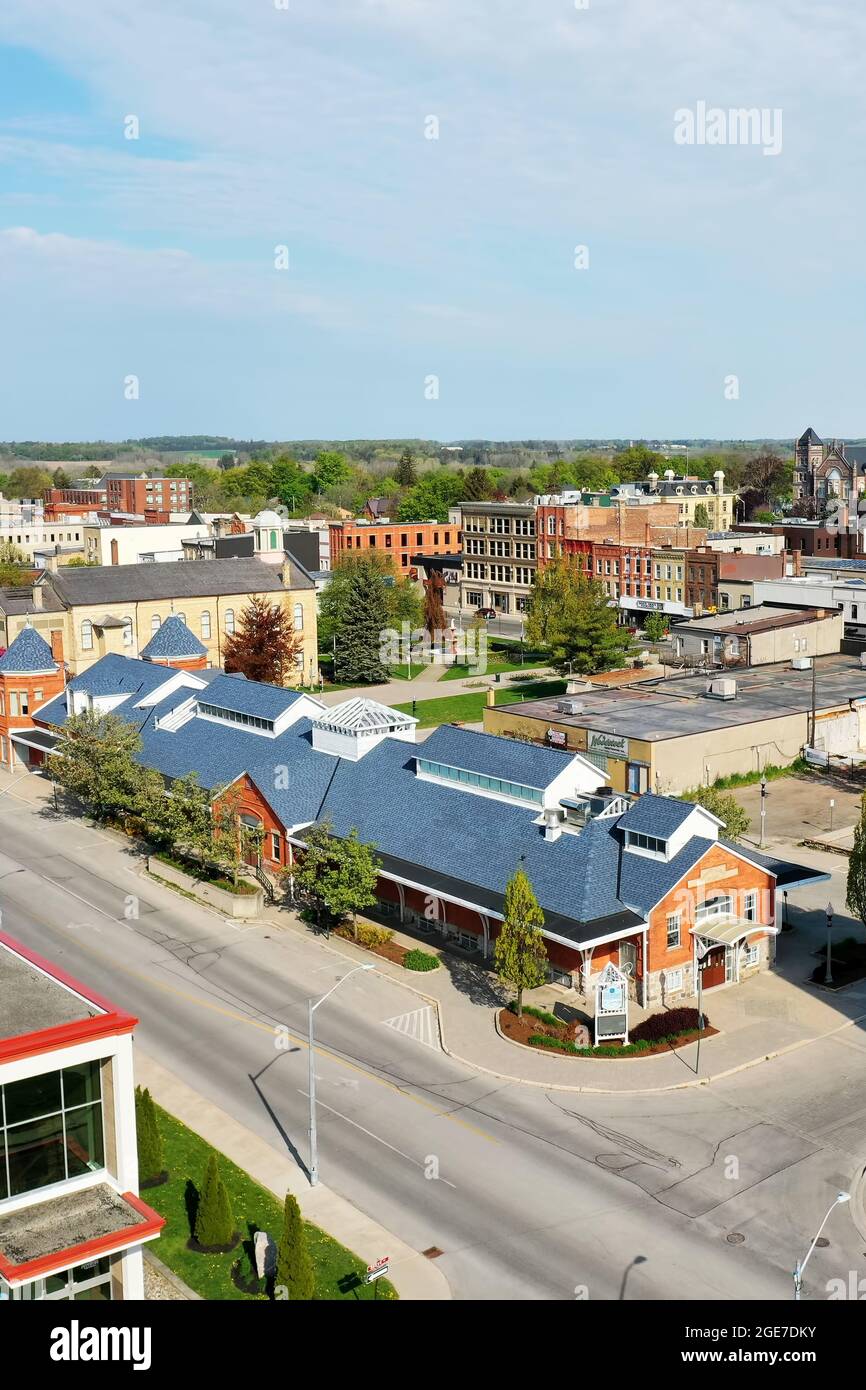 An aerial vertical of Market Building in Woodstock, Ontario, Canada ...
