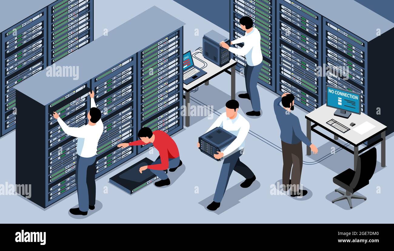 Sysadmins working at data center fixing problems with internet ...