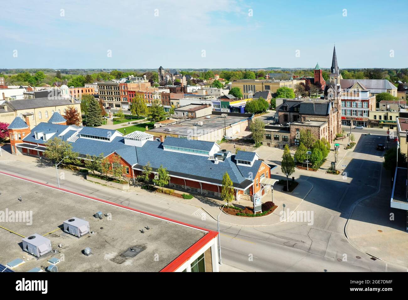 An aerial view of Woodstock, Ontario, Canada city center, editorial ...