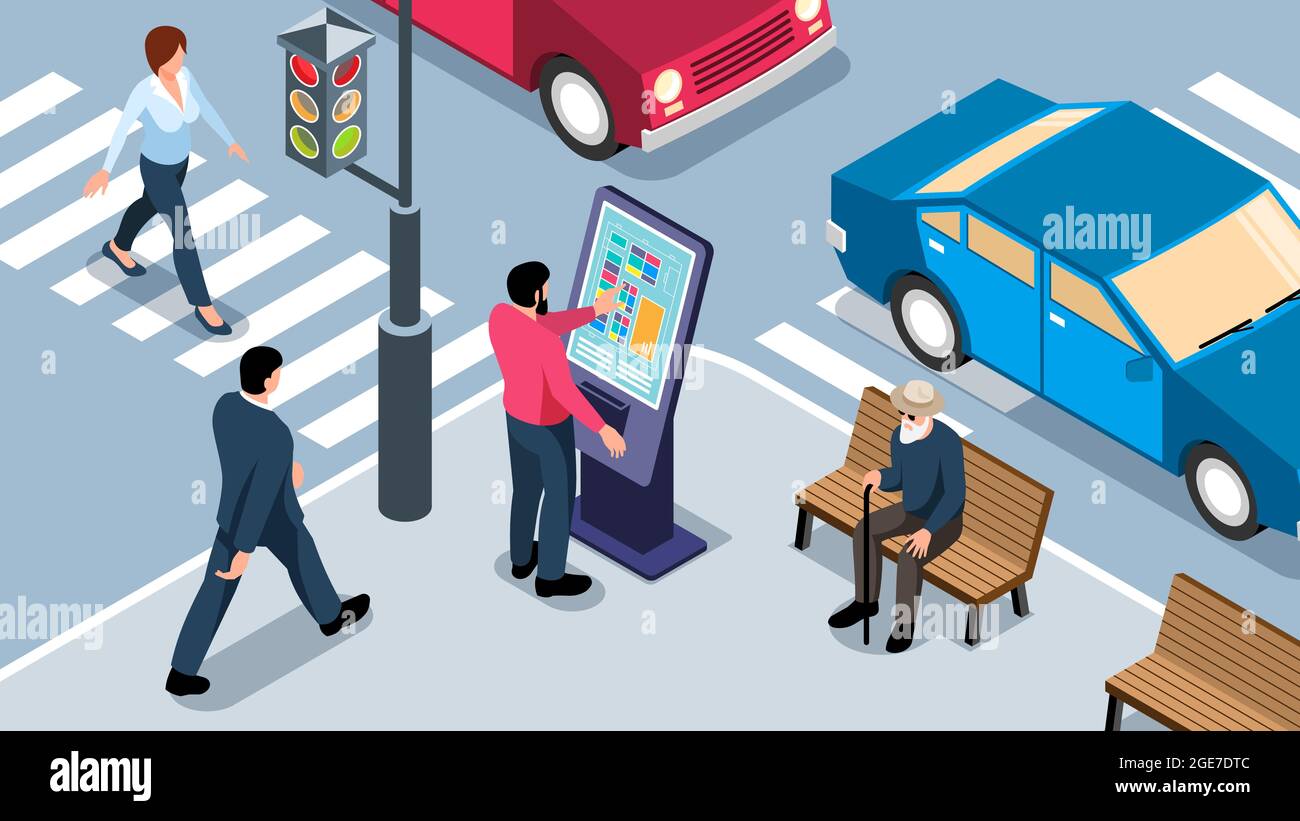 Man using interactive touch screen panel in city street 3d isometric horizontal vector ...