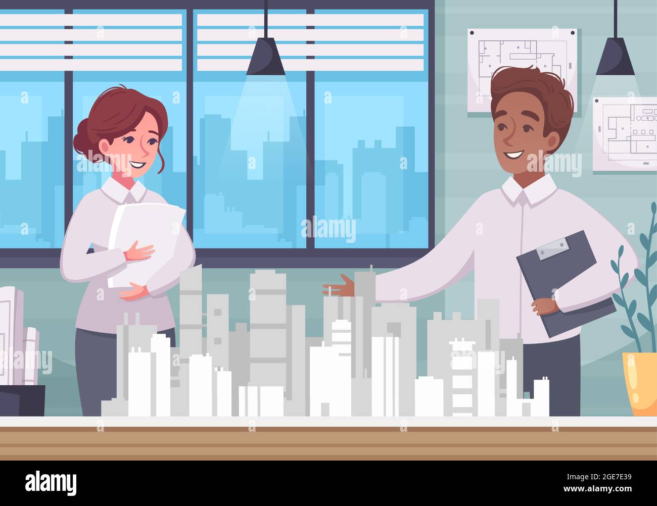 Architect cartoon composition with city miniature model in the office ...