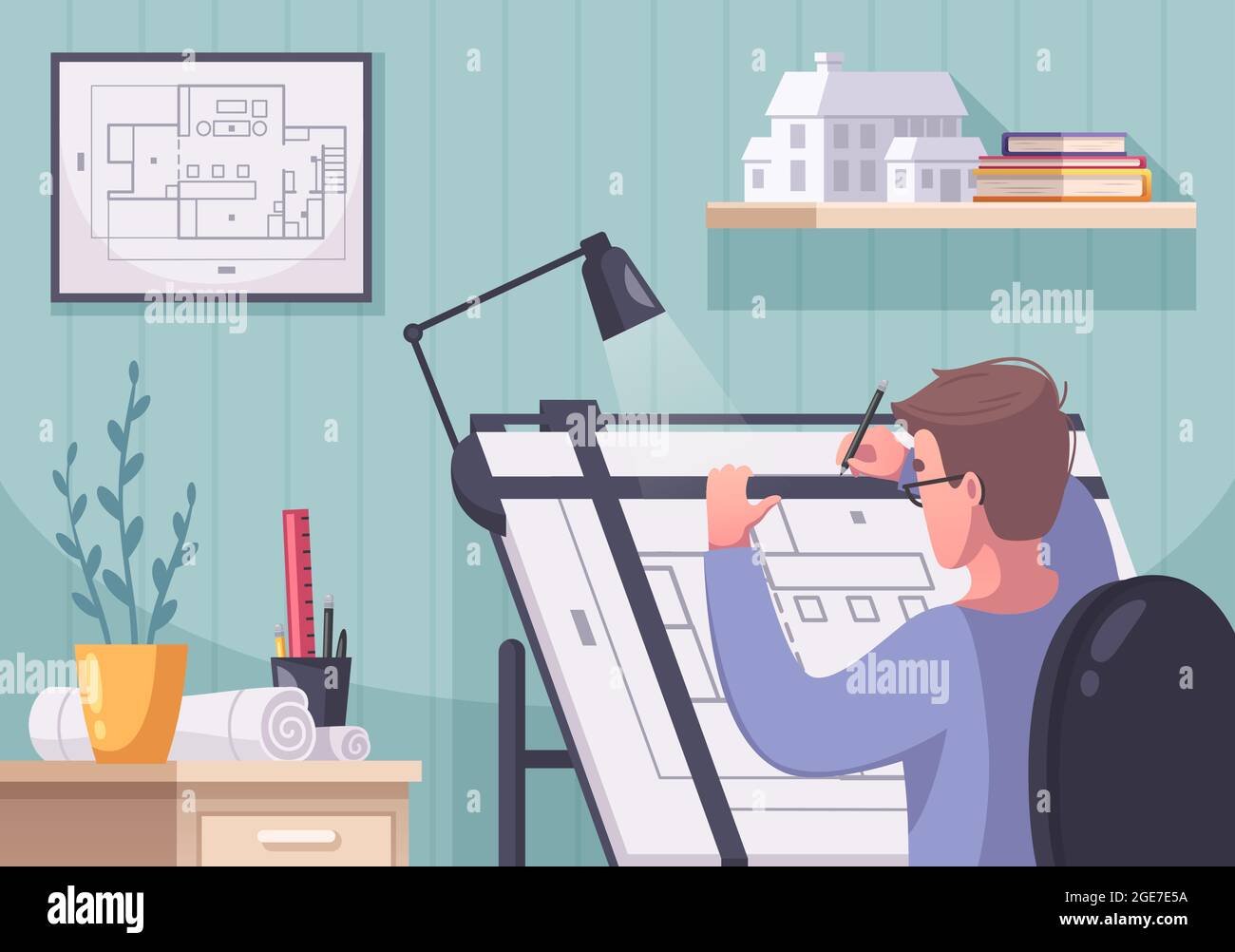 Architect cartoon composition with indoor scenery interior elements and ...