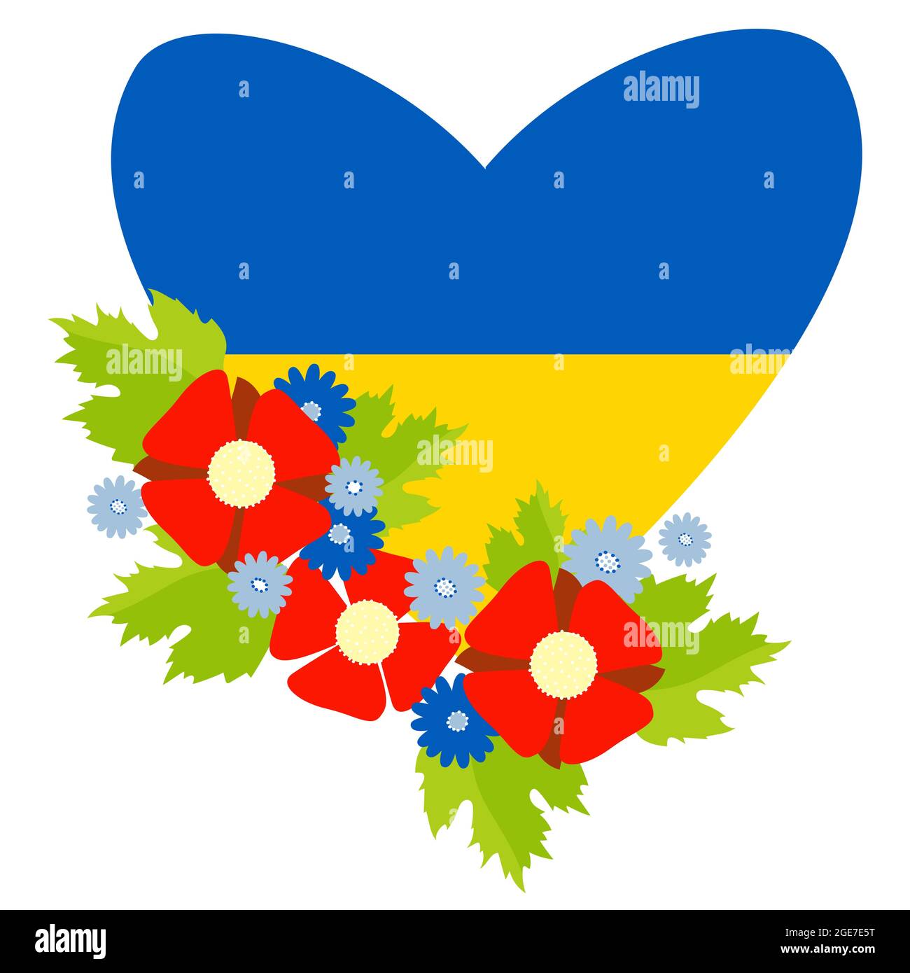 Ukrainian symbol. A large yellow-blue heart in a flower bouquet of red ...