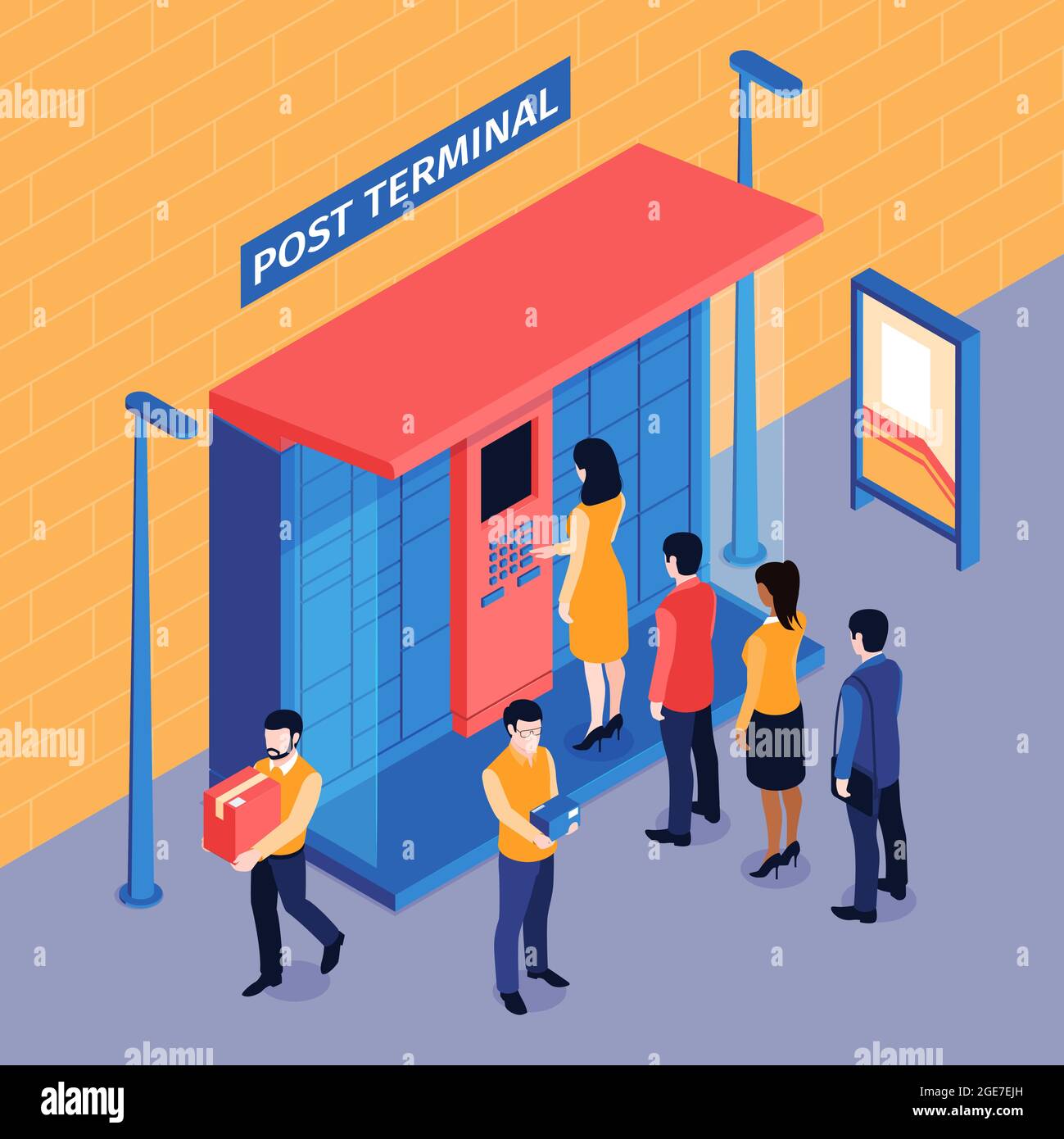Isometric post terminal queue composition with outdoor view of people ... Isometric post terminal queue composition with outdoor view of people ...