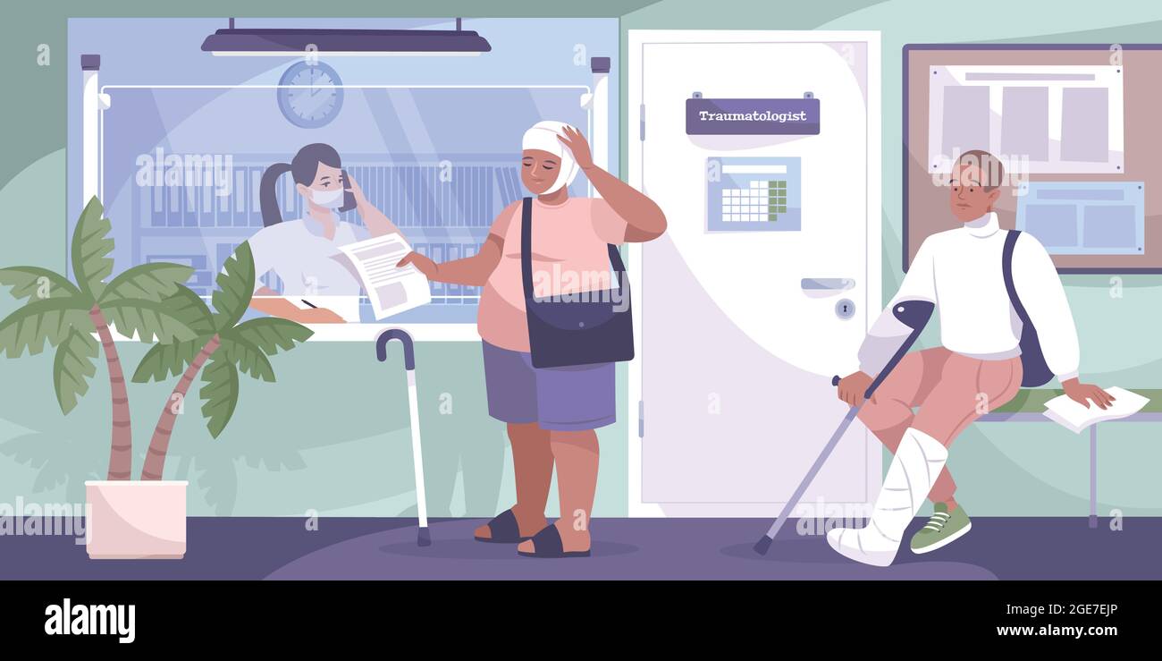 Traumatology clinic composition two people with injuries stand at the ...