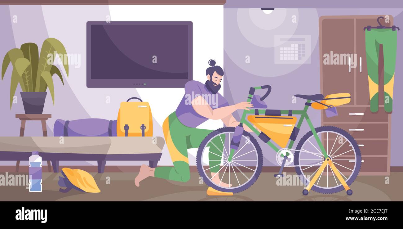 Bike tourism equipment flat composition man packing things on a bicycle ...