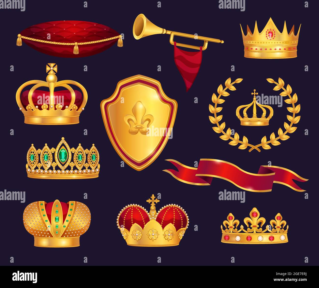 Monarchy attributes heraldic symbols realistic set with gold crowns ...