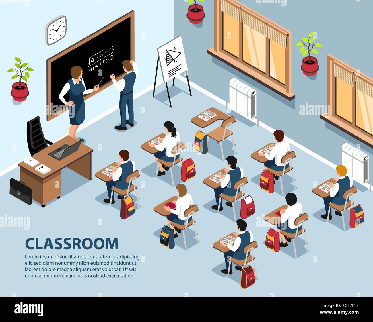 Isometric school background with indoor scenery pupils sitting at desks ...