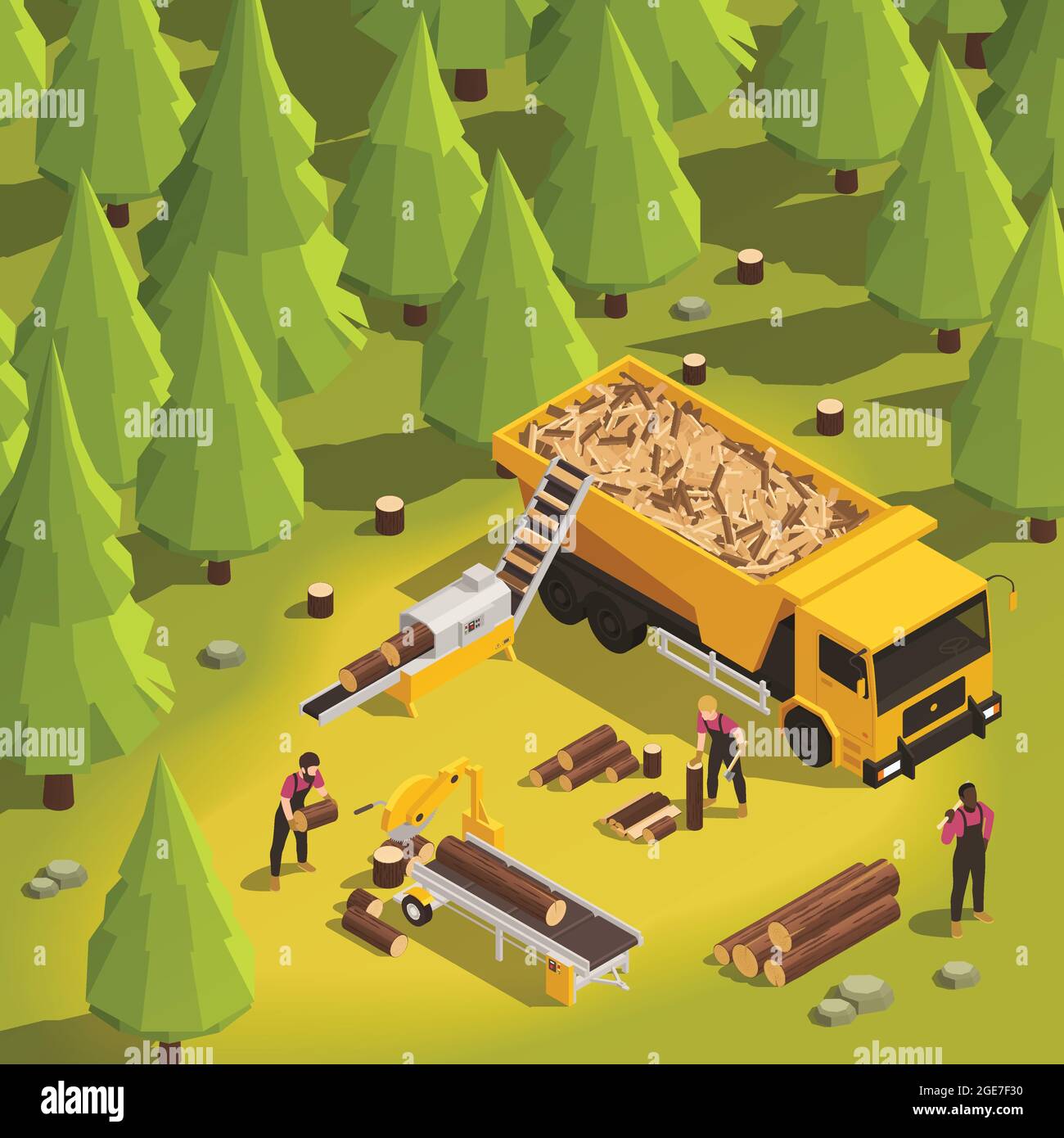 Sawmill and wood working process in forest 3d isometric vector ...