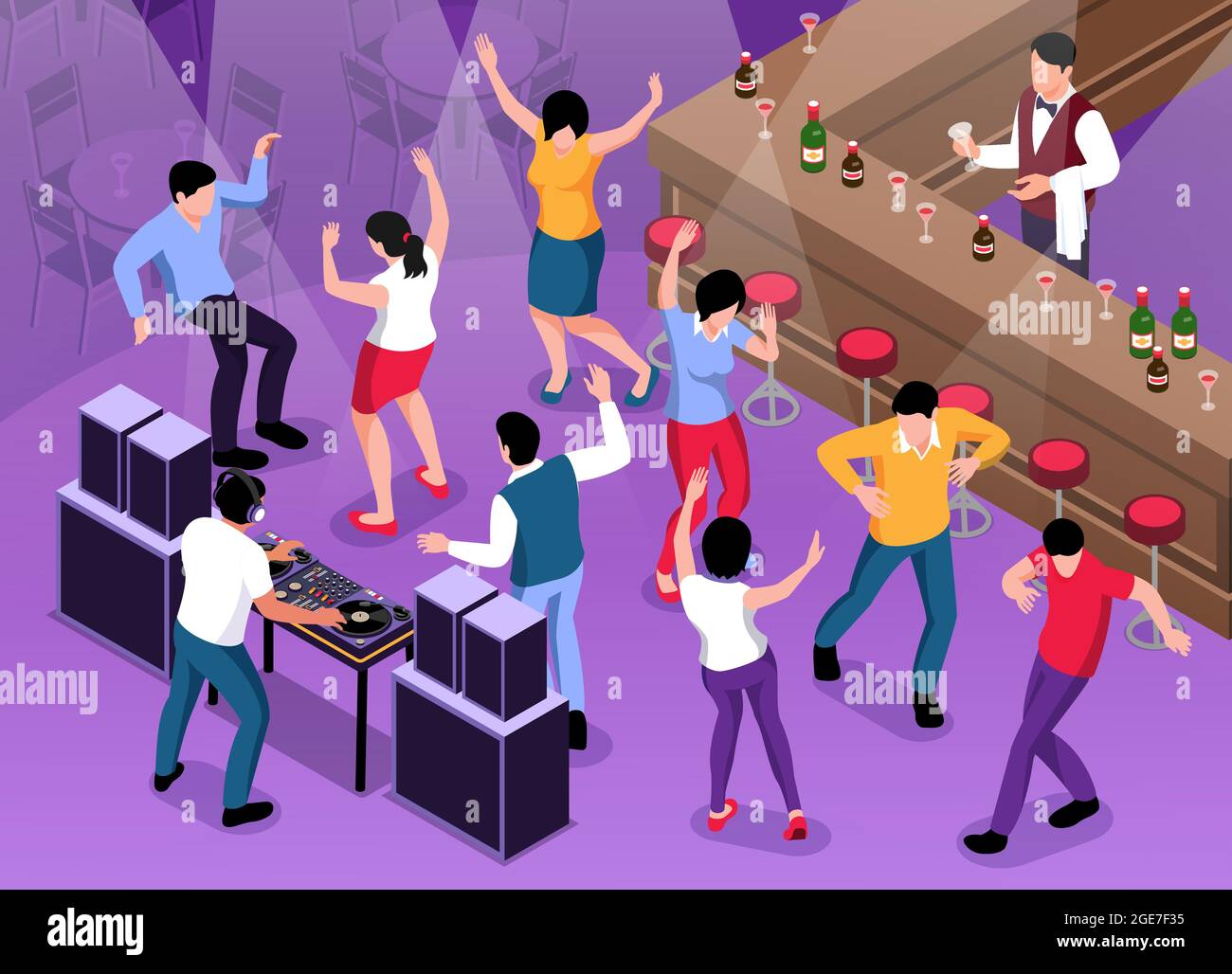 Isometric dj composition with view of bar with counter and dancing ...