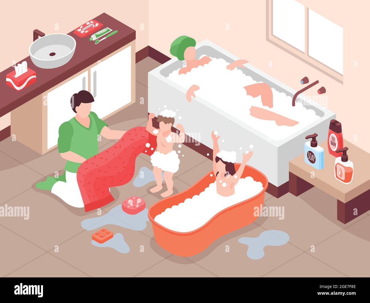 Isometric Hygiene Composition With Bathroom Scenery And Characters Of