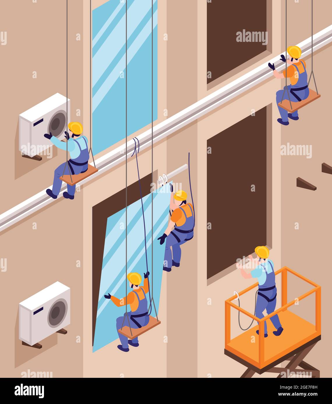 Isometric fitter composition with view of high building wall with ...