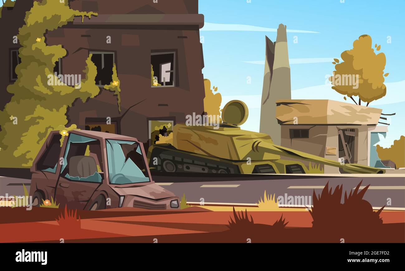City destroy in war zone with damaged building burned car and military ...