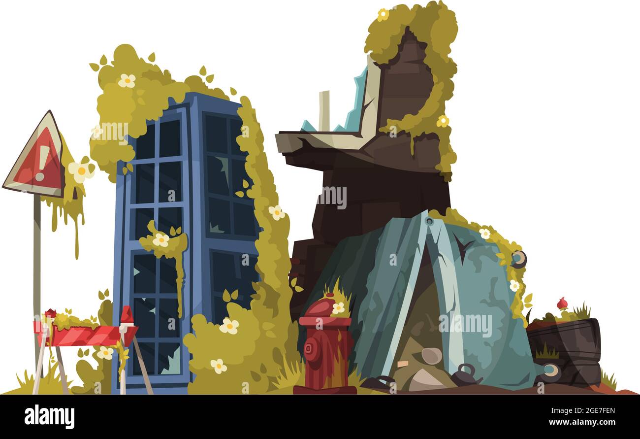 Post apocalypse design concept with wreckage of building and fence with ...