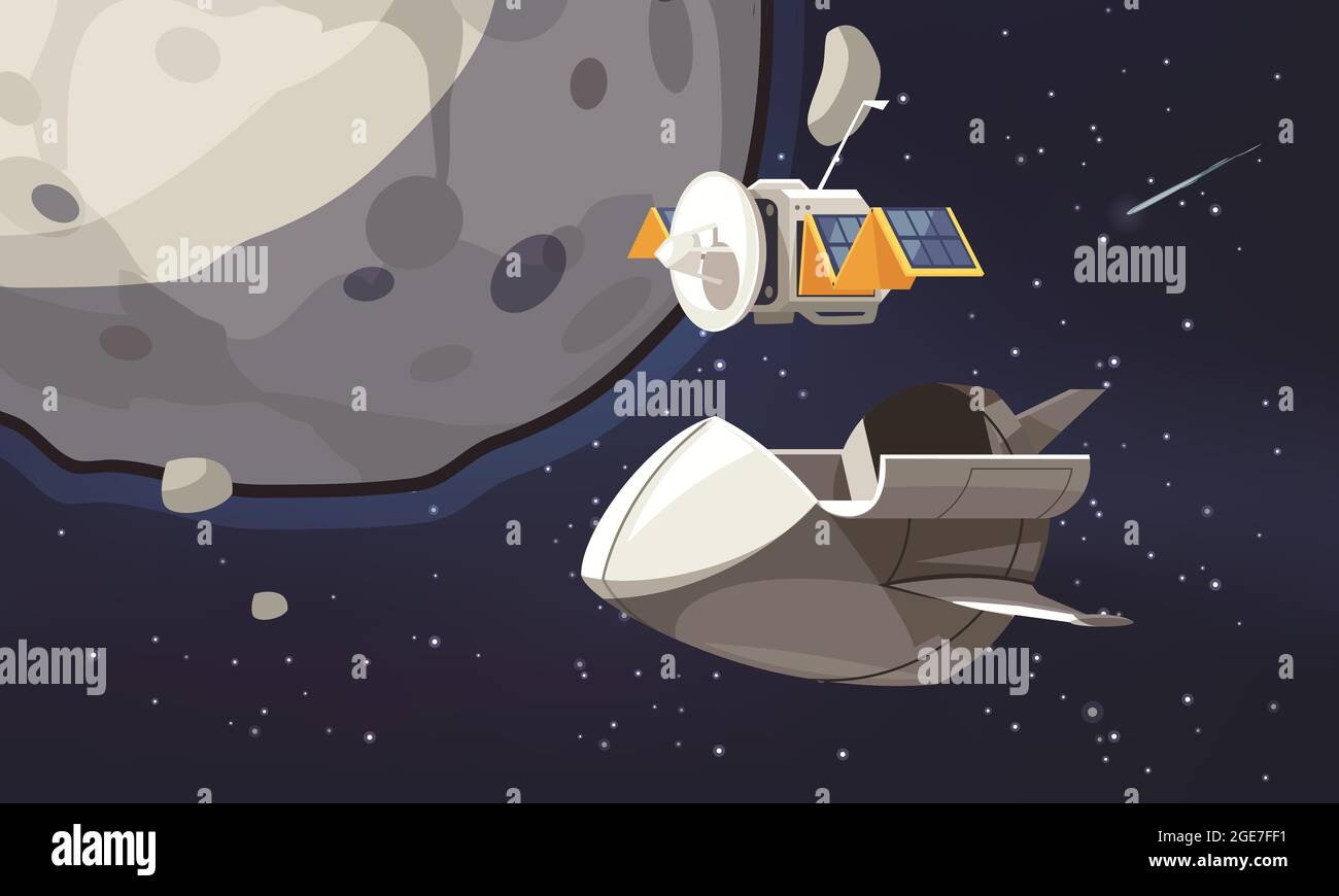 Universe exploration cartoon background with space ship and satellite ...
