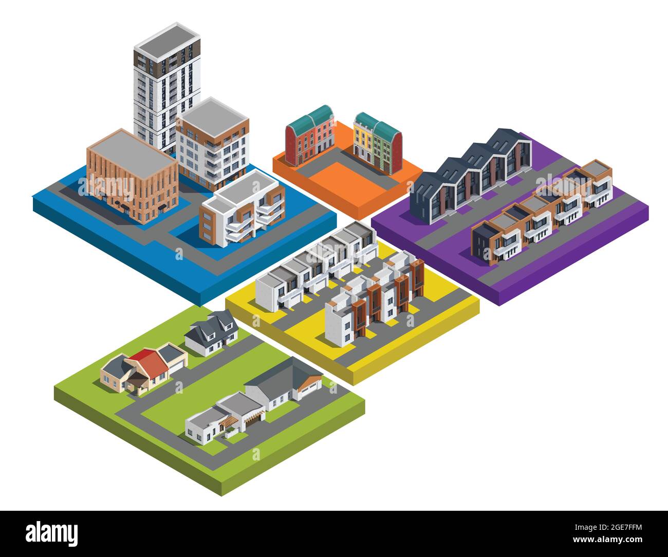 Suburban city buildings isometric set of colourful isolated platforms ...