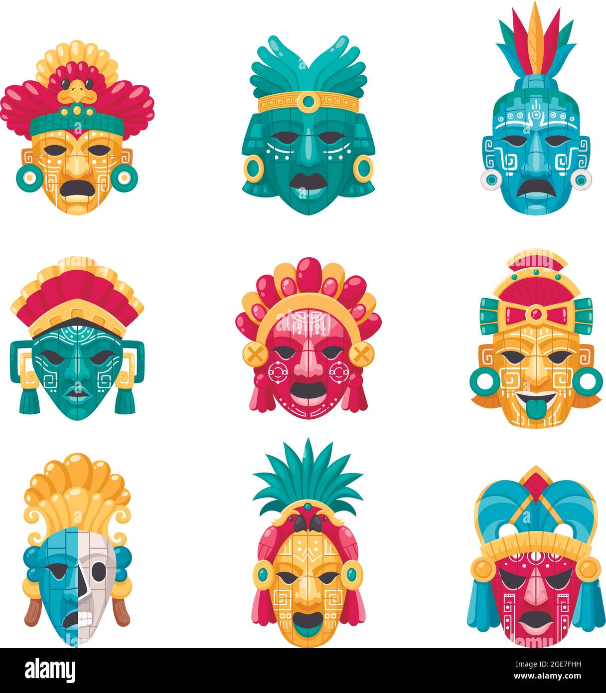 Maya civilization cartoon icons set with tradtional masks and ...
