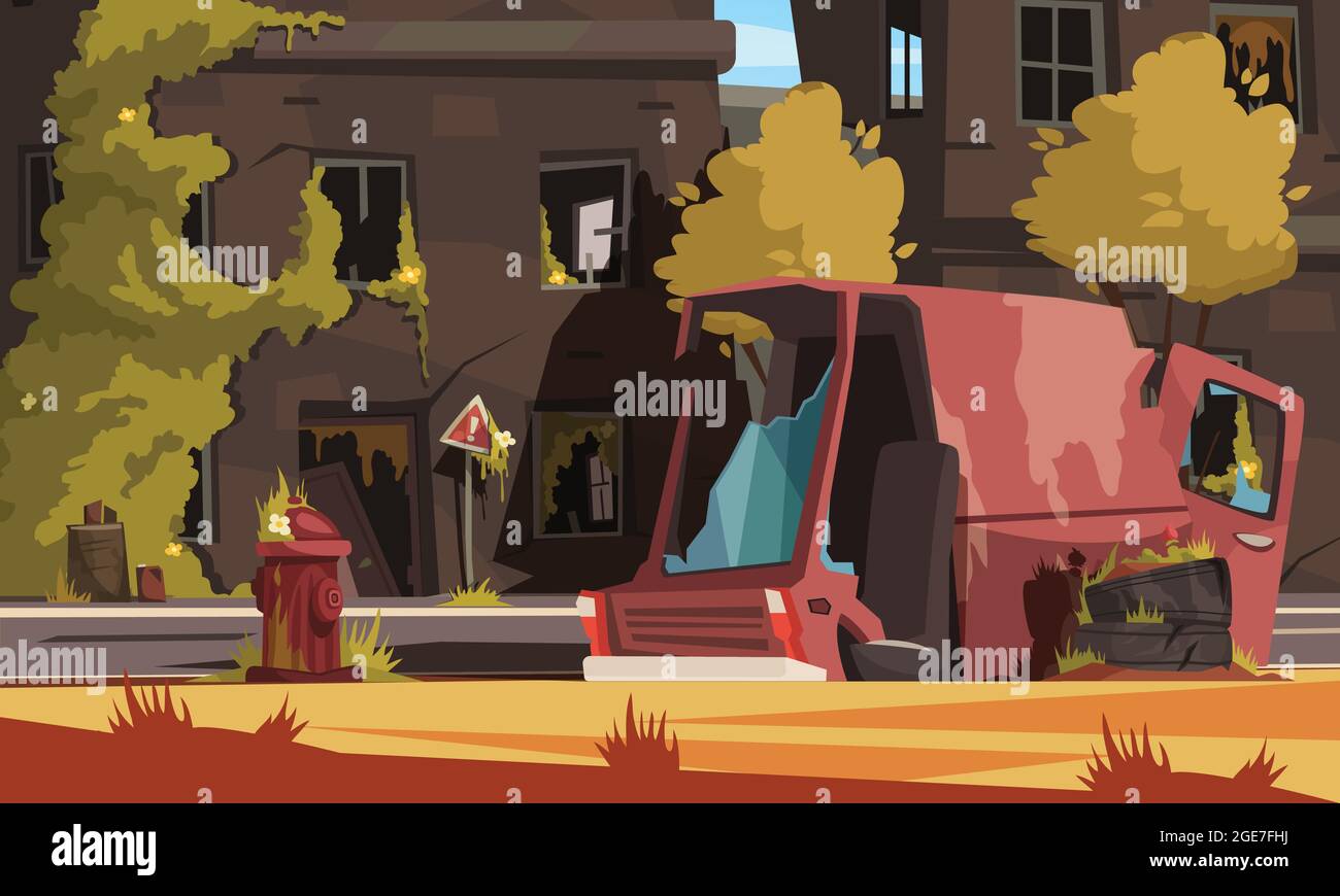 Post apocalypse city cartoon background with empty destroyed living ...