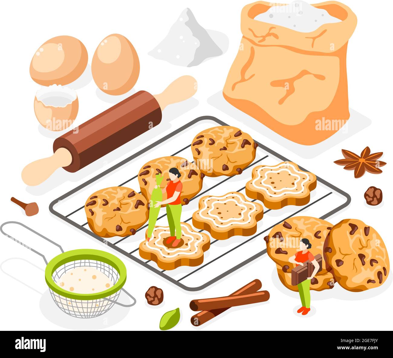 Bakery people isometric composition with images of cookies with ...