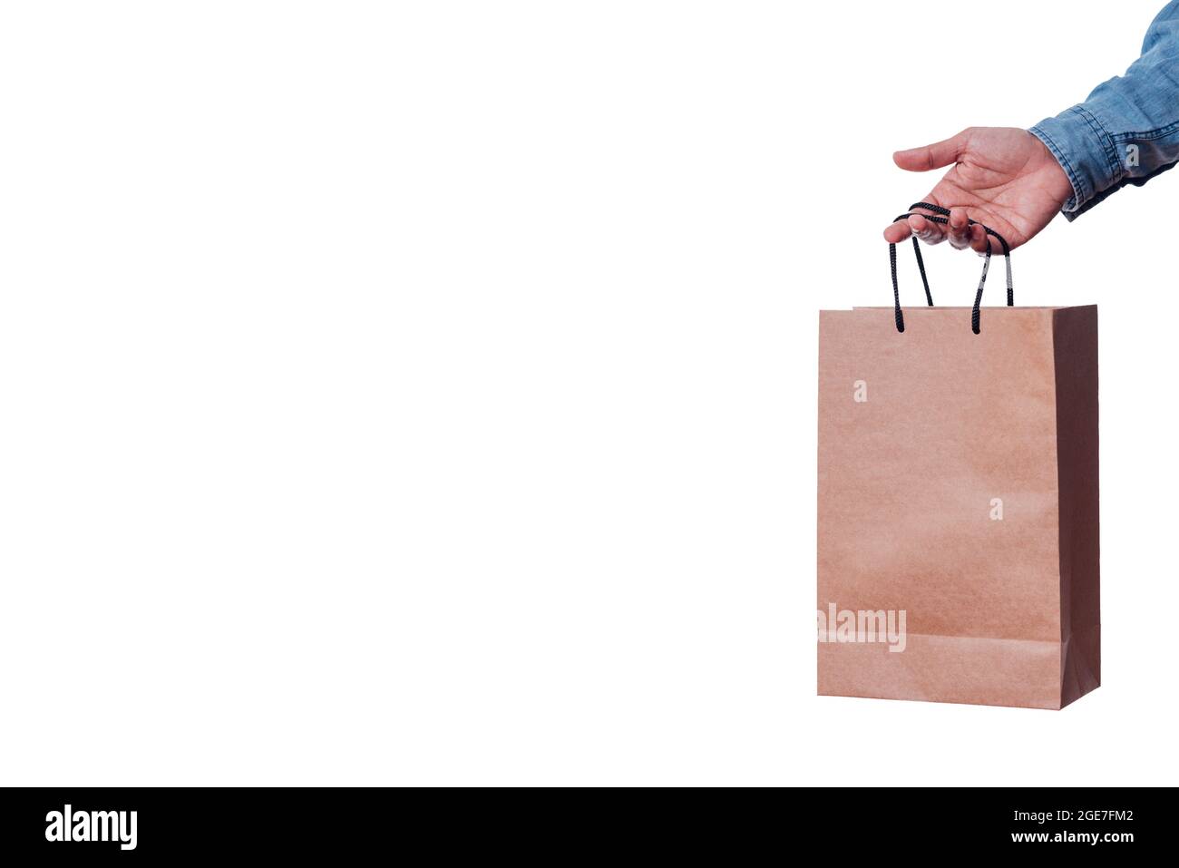Copy space and hand of a man with blue long sleeve catching a shopping ...