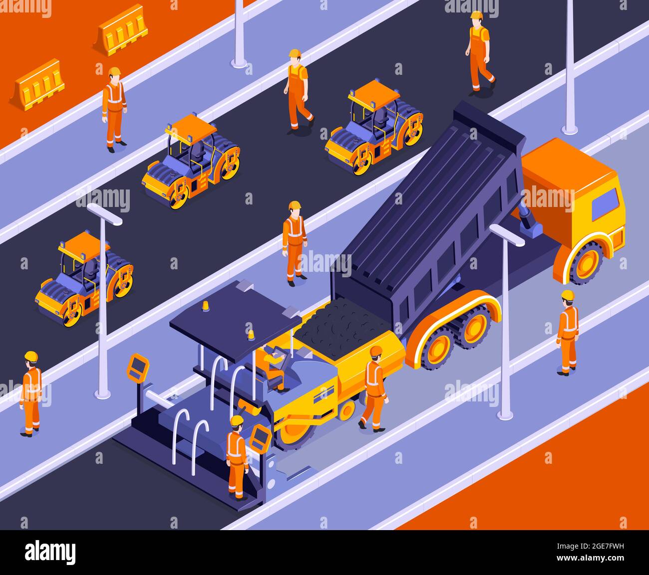 Isometric road construction composition with outdoor scenery and road ...
