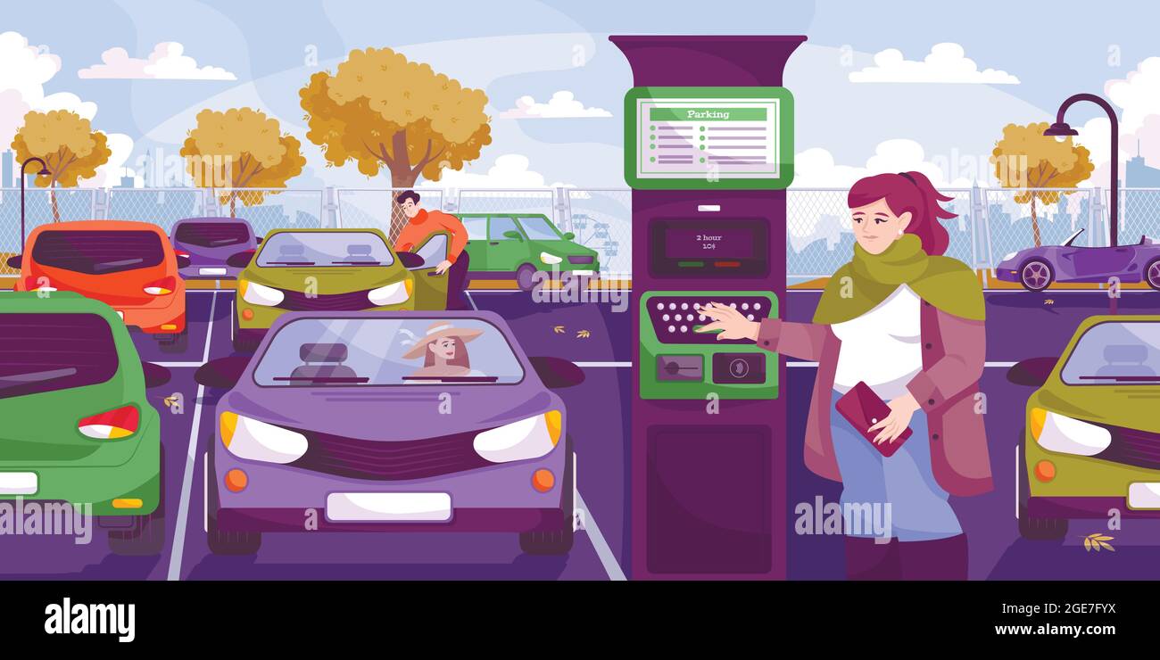 Parking pay flat composition with outdoor parking lot scenery cars and ...
