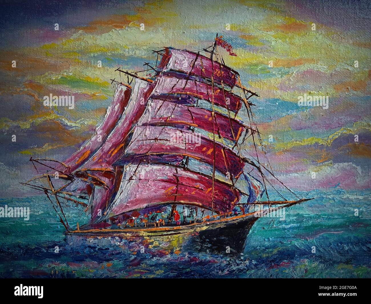 art oil painting sailboat , barque in sea from thailand , junk boat ...