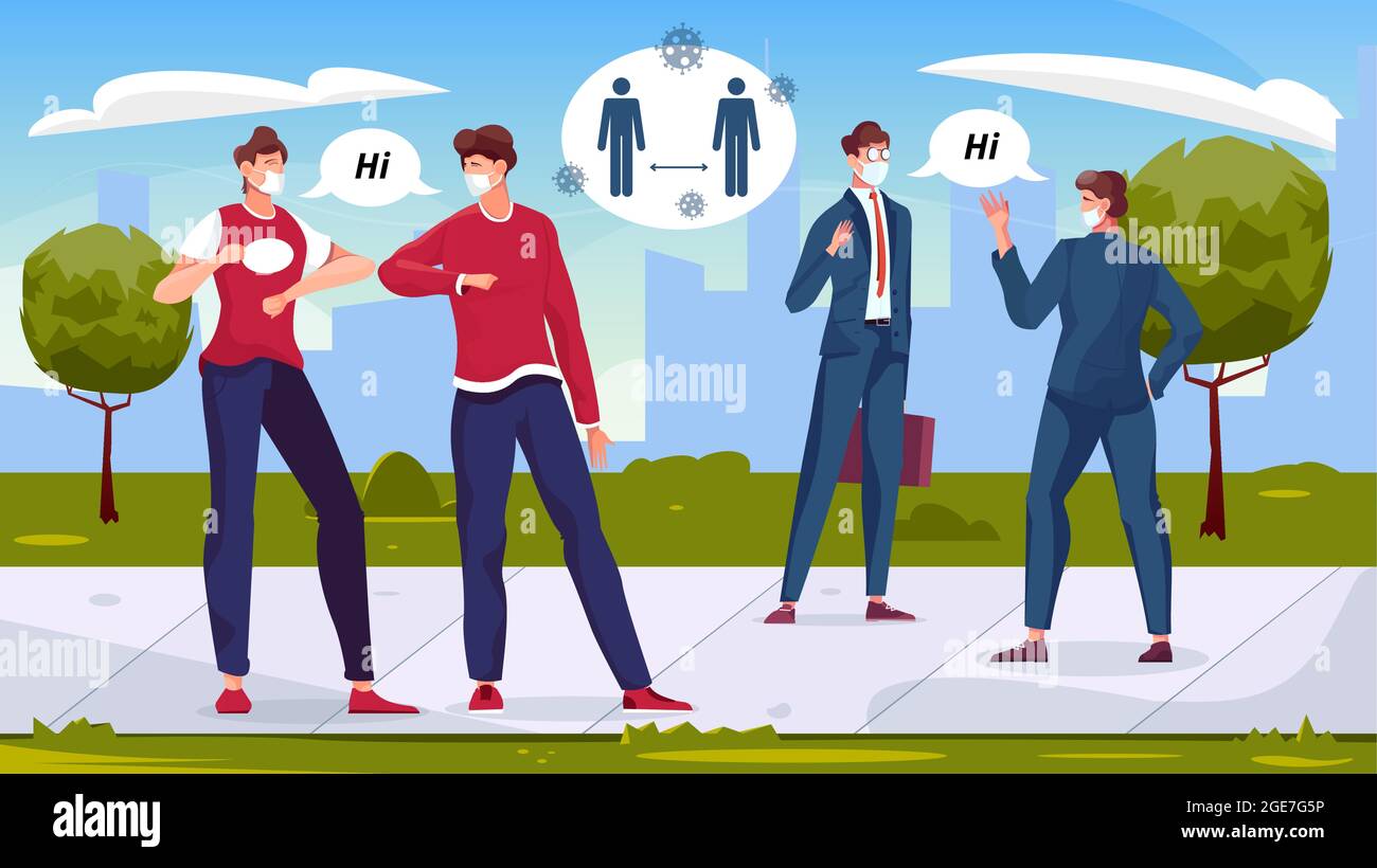 Social distance greeting flat composition with outdoor scenery with ...