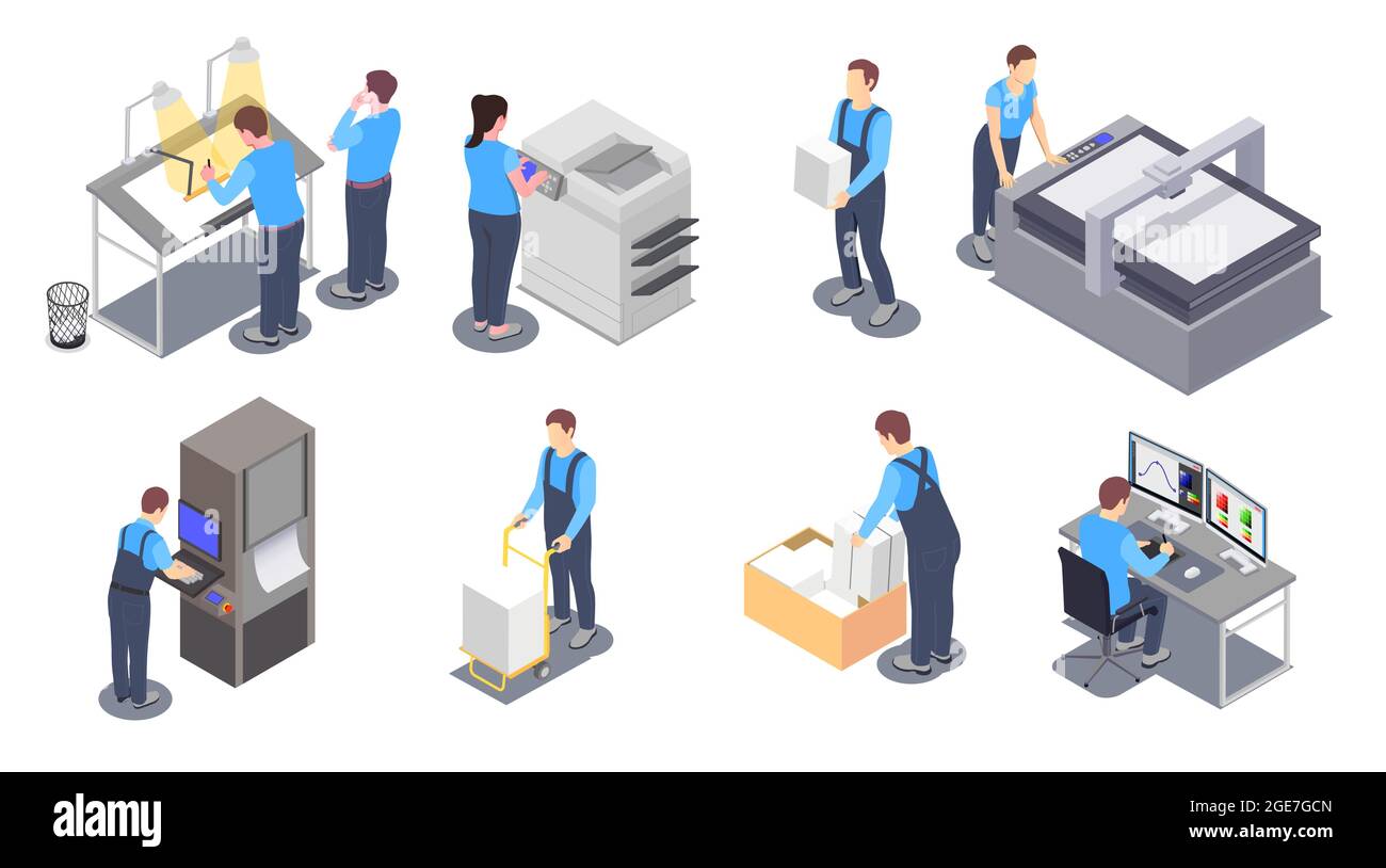 Set with printing house isometric icons with human characters of workers with printing equipment ...
