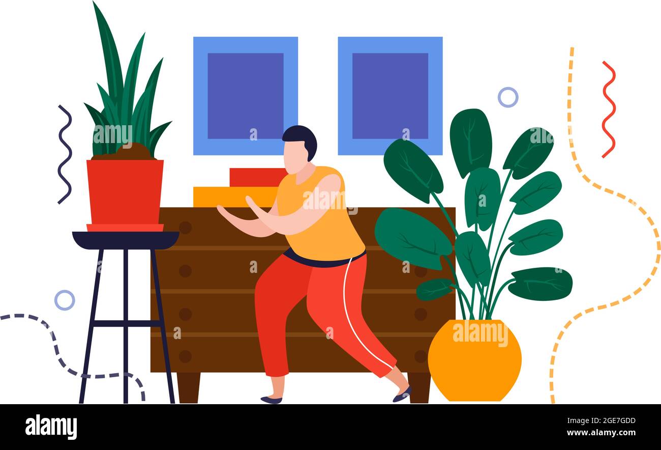 Home garden flat composition with home interior elements and man caring for home plants vector ...