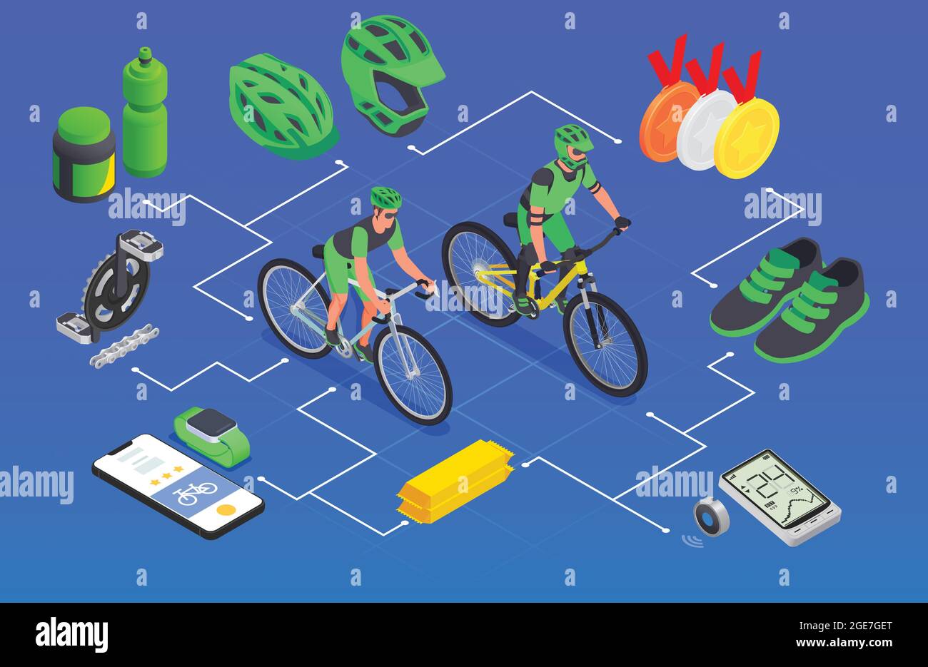 Sport cycling isometric composition with flowchart of bike riders ...
