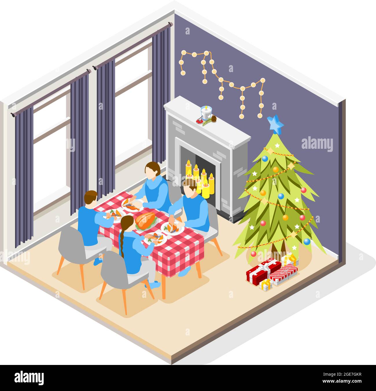 Christmas mood isometric composition with family festive dining home ...