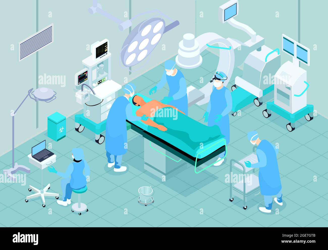 Medical operating room isometric interior with patient on surgical ...