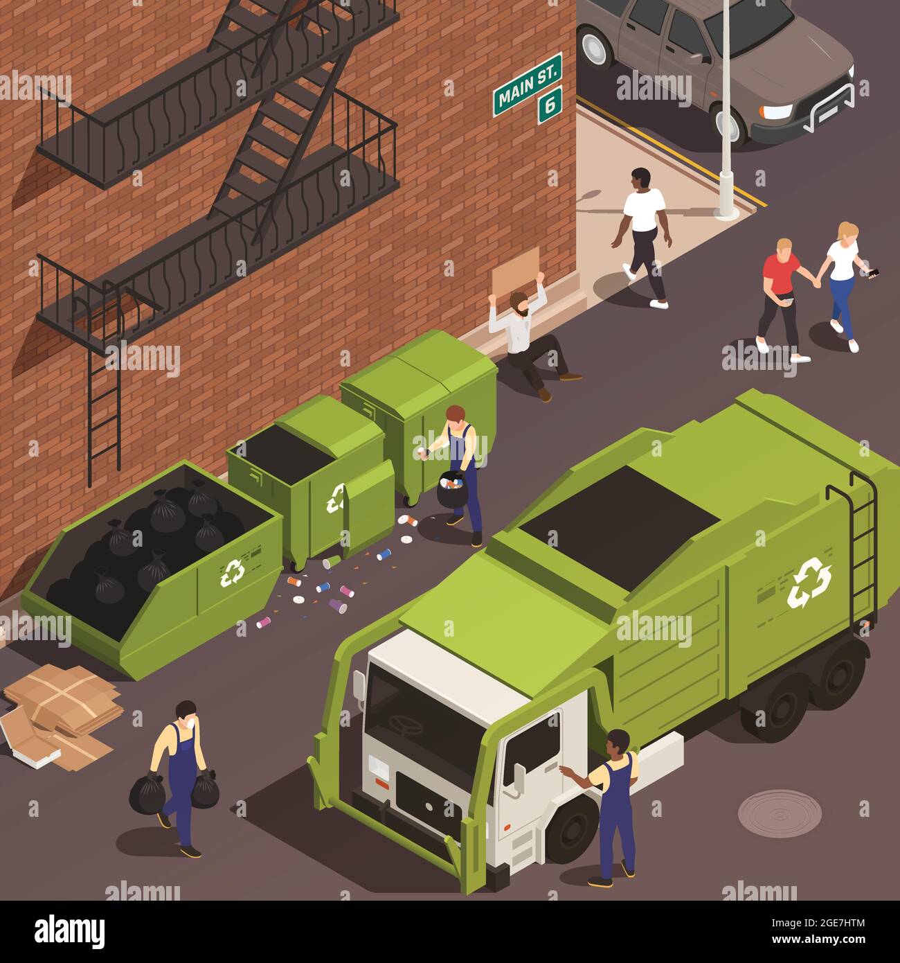 Garbage removal isometric background with male persons in uniform ...