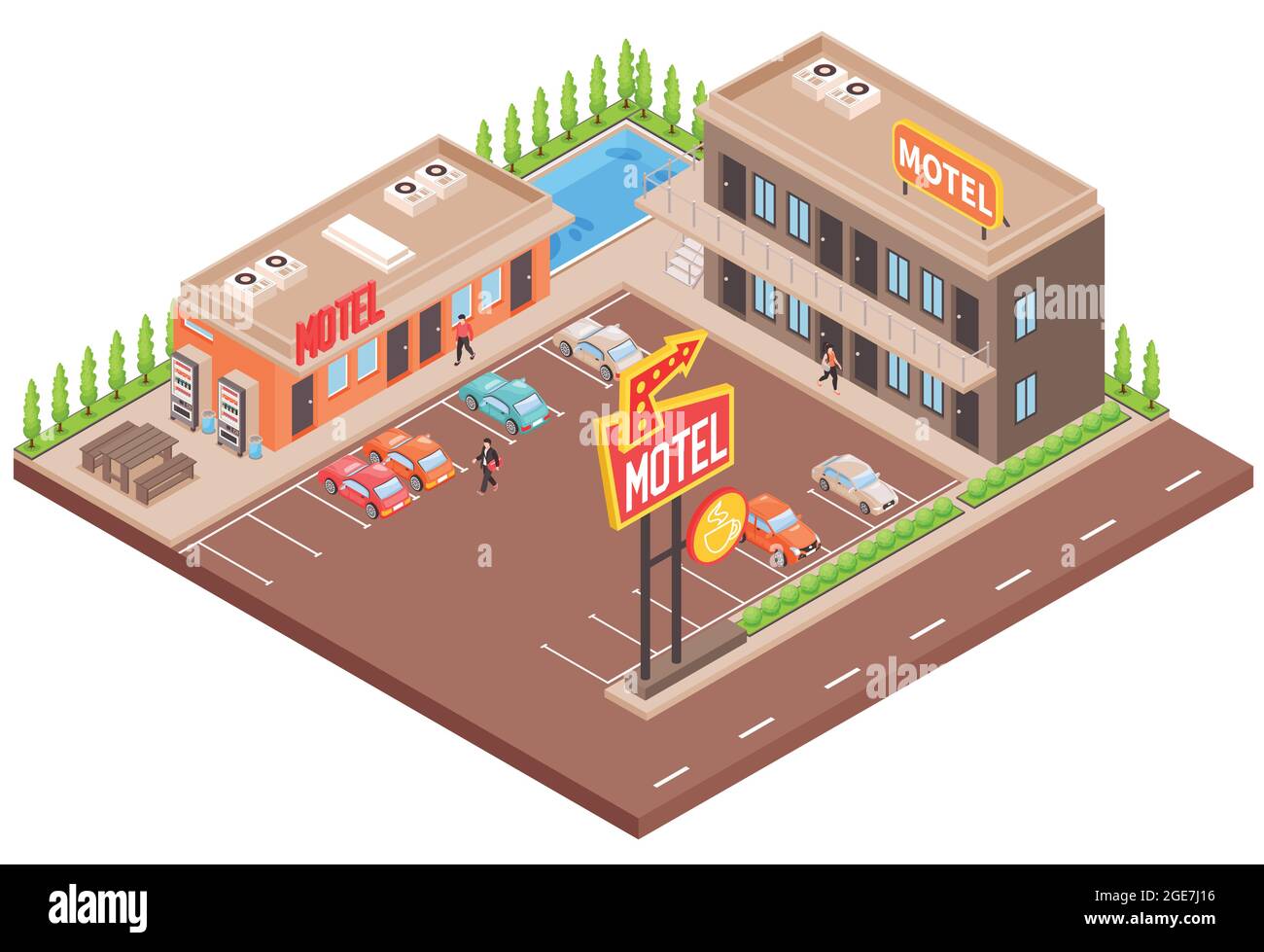 Motel color concept with parking and swimming pool isometric vector ...