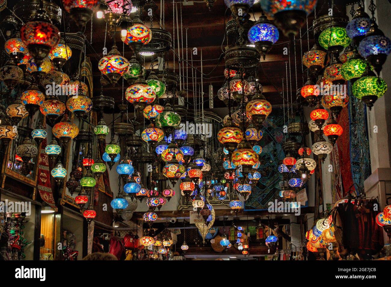 Low angle shot of traditional colorful lights hanging in the market ...