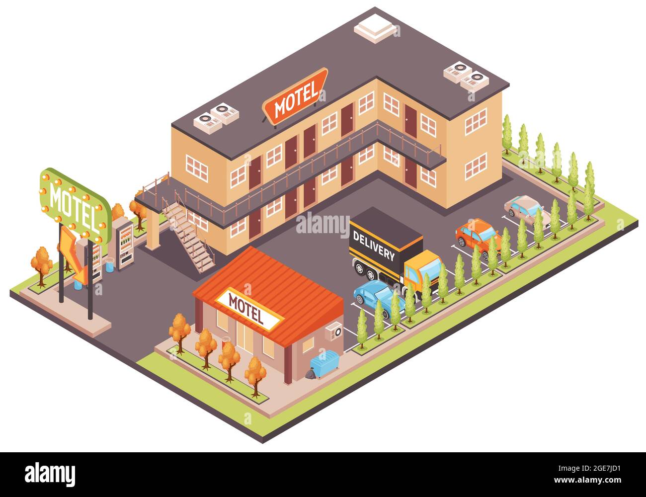 Motel color concept with parking for cars and facilities isometric ...