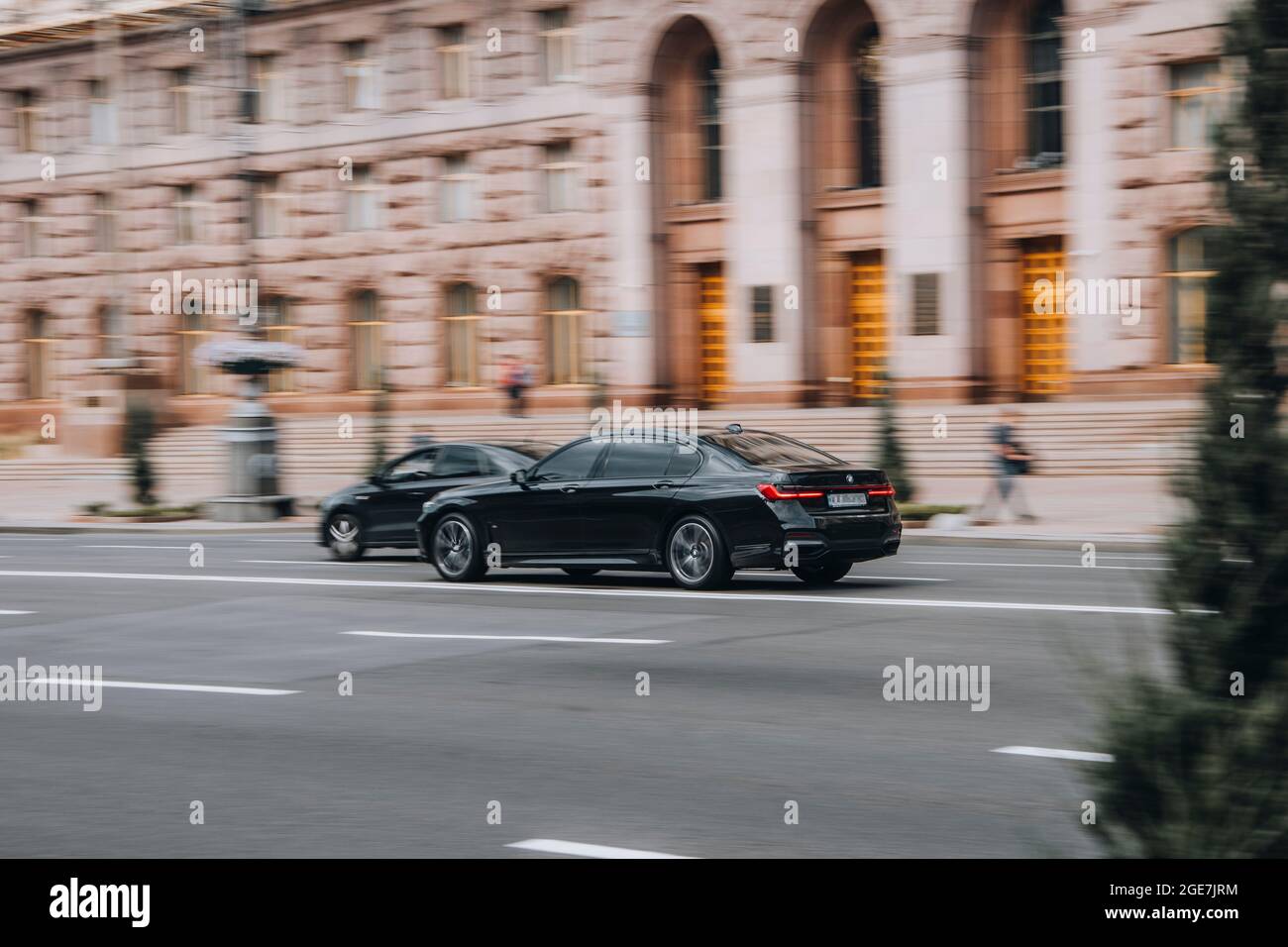 Ukraine, Kyiv - 2 June 2021: Black BMW 7 Series car moving on the ...