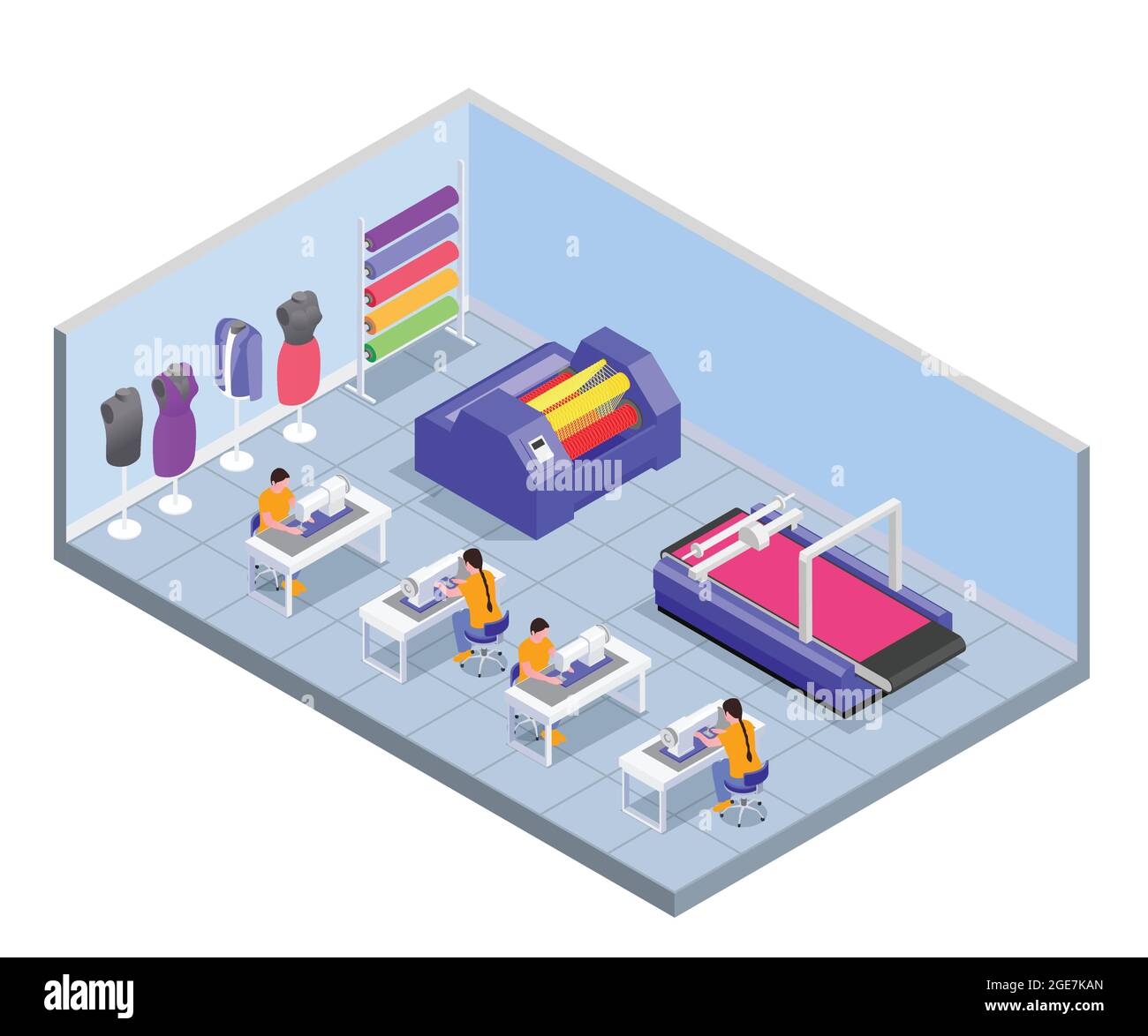 Textile mill spinning industry isometric composition with view of table ...