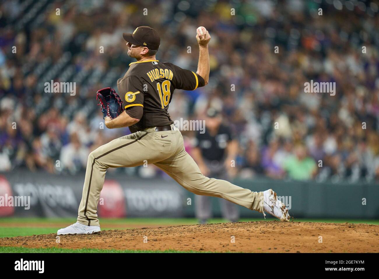 Denver, US, August 16 2021: San Diego pitcher Daniel Hudson (18) throws ...