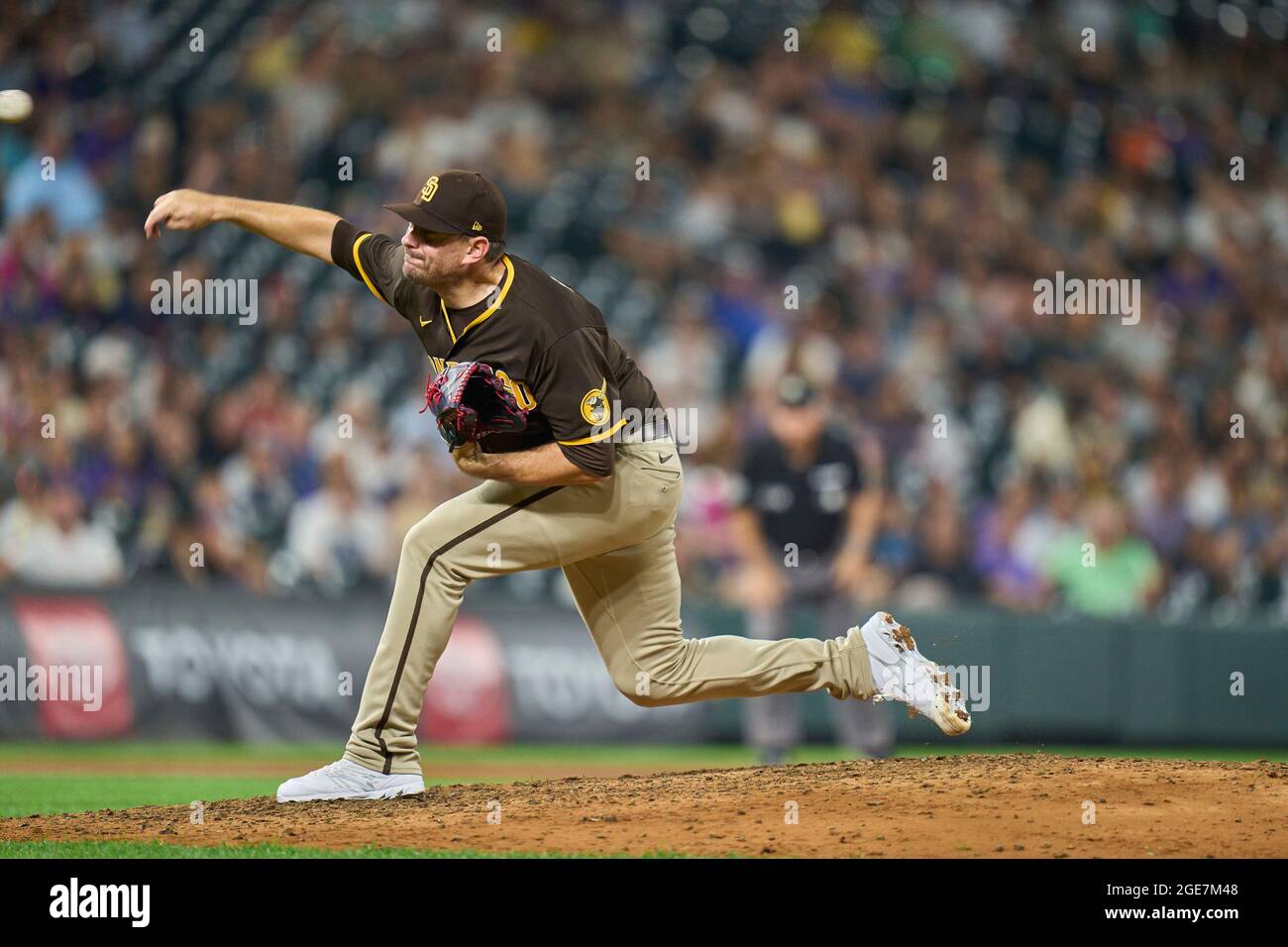 Denver, US, August 16 2021: San Diego pitcher Daniel Hudson (18) throws ...