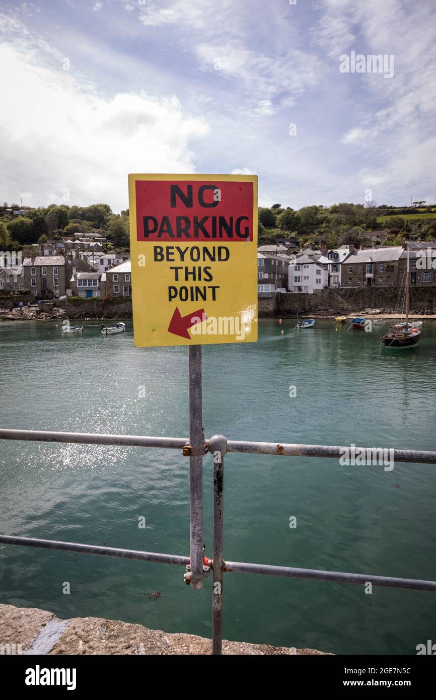 Sign on Mousehole harbour dockside warning of 'no parking beyond this ...