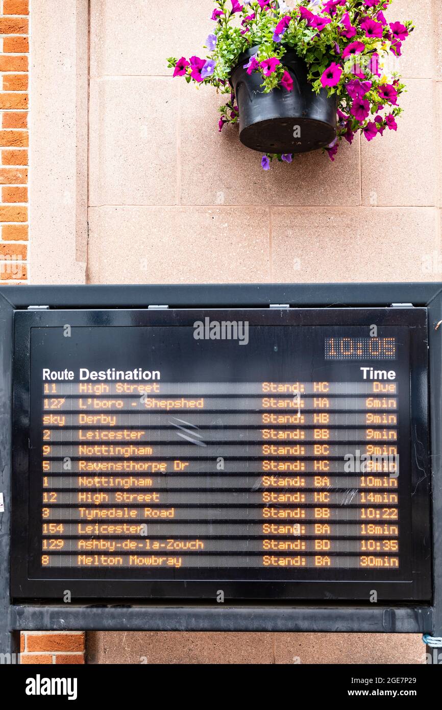 Illuminated digital bus timetable, Loughborough, England Stock Photo ...