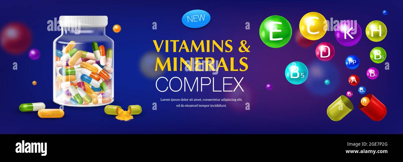 Realistic 3d vitamin mineral horizontal poster advertising background ...