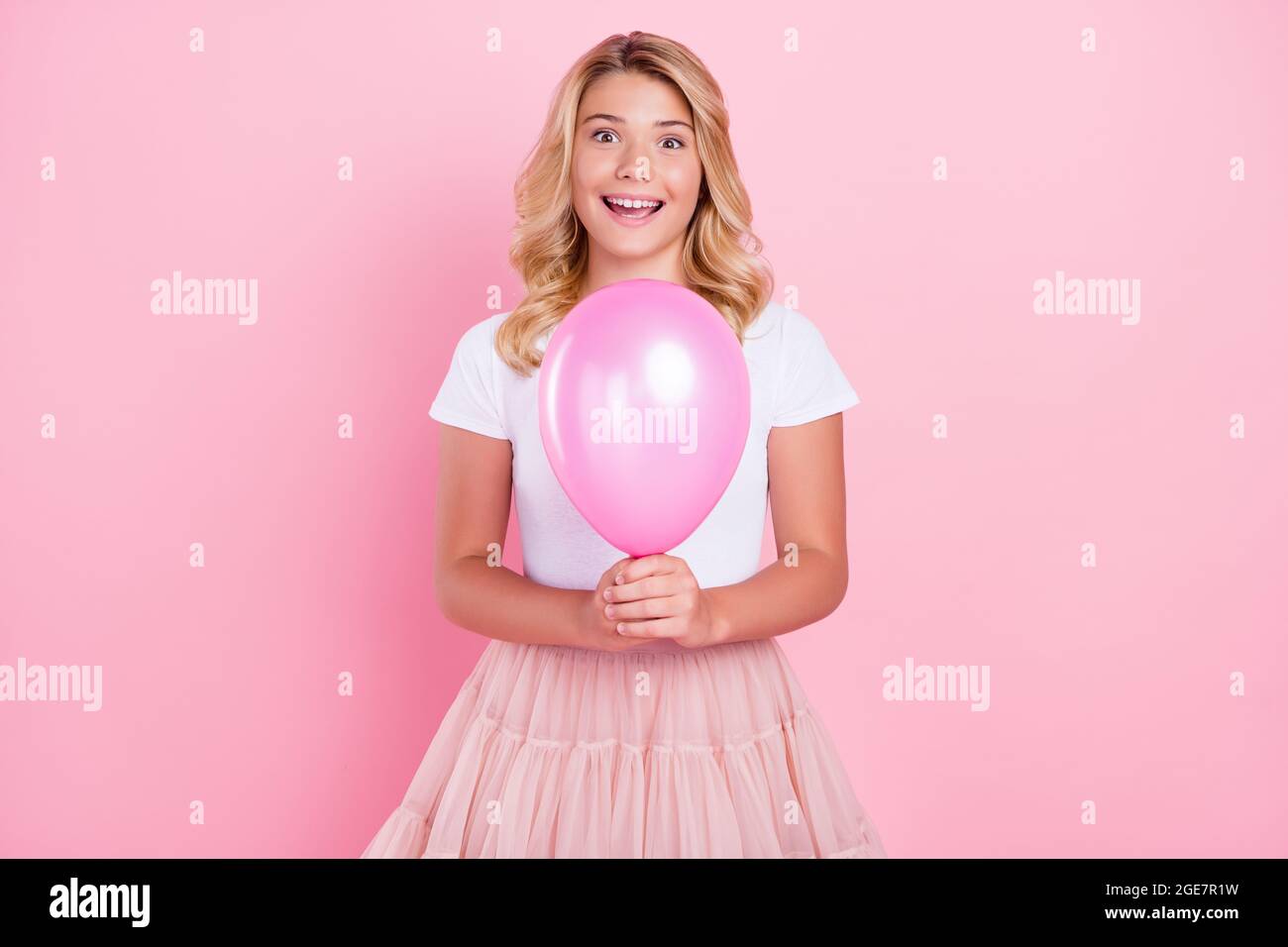Photo of young cheerful girl happy positive smile hold air balloon ...