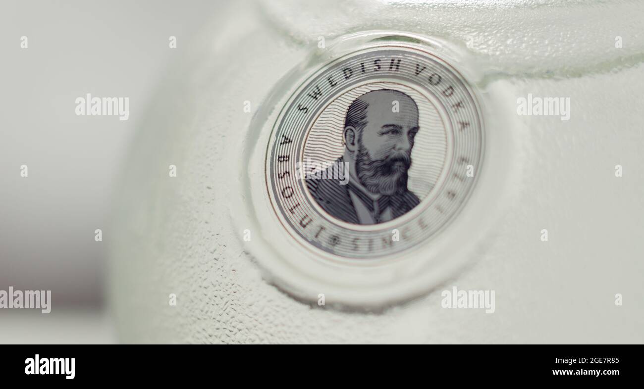 LONDON, UNITED KINGDOM - AUGUST 10, 2021 Bottle of Absolut vodka blue ...