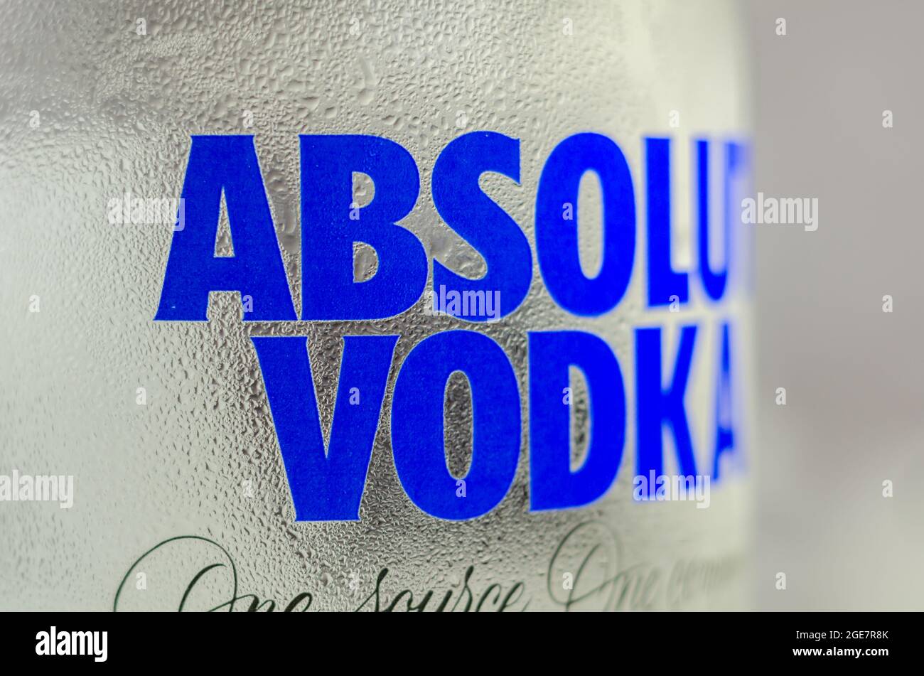 LONDON, UNITED KINGDOM - AUGUST 10, 2021 Bottle of Absolut vodka blue ...