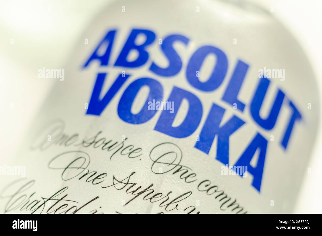 LONDON, UNITED KINGDOM - AUGUST 10, 2021 Bottle of Absolut vodka blue ...