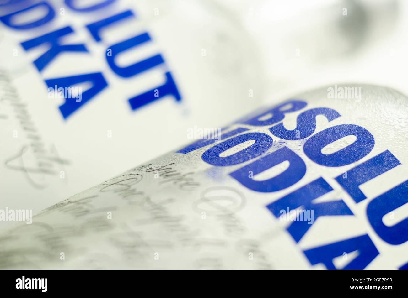 LONDON, UNITED KINGDOM - AUGUST 10, 2021 Bottle of Absolut vodka blue ...