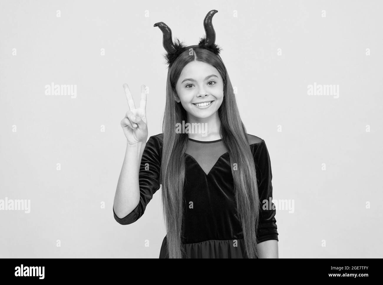 happy girl wear devil horns costume on halloween party, halloween ...